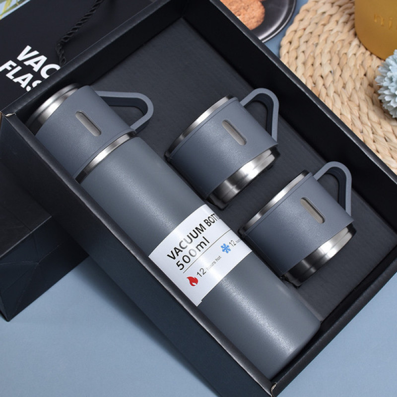 Vacuum Flask Set with 2 Cups Gray Color – GreenhutBD
